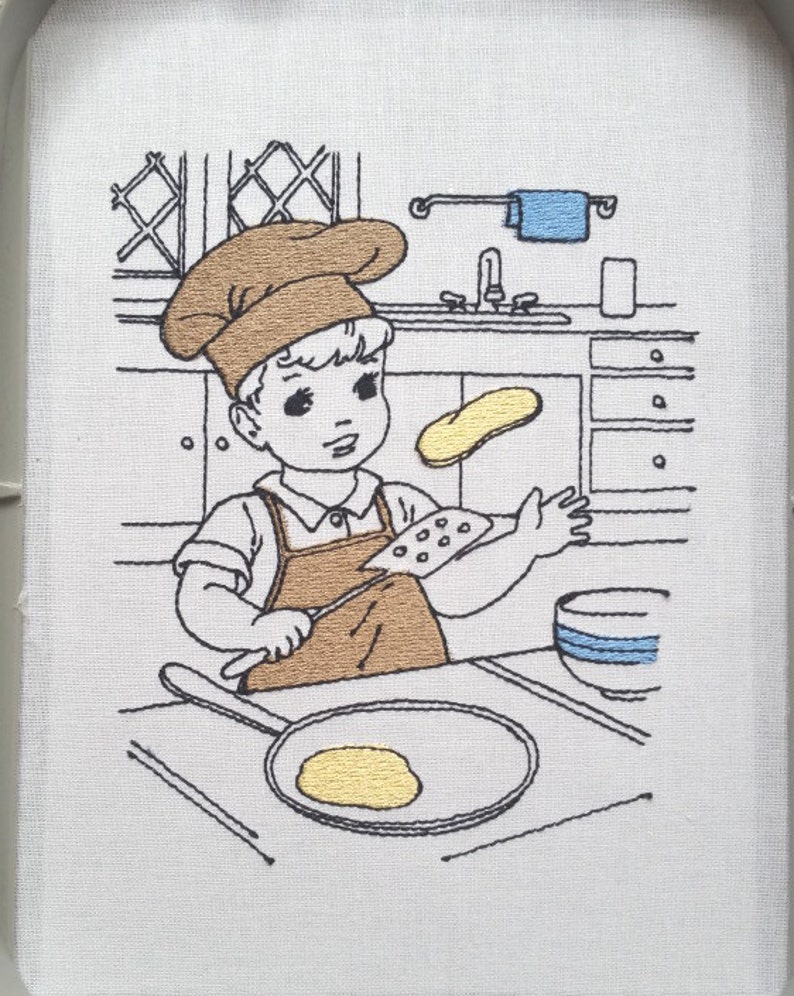 Embroidery Design Machine Vintage Little Boy Prepare Pancakes - Etsy