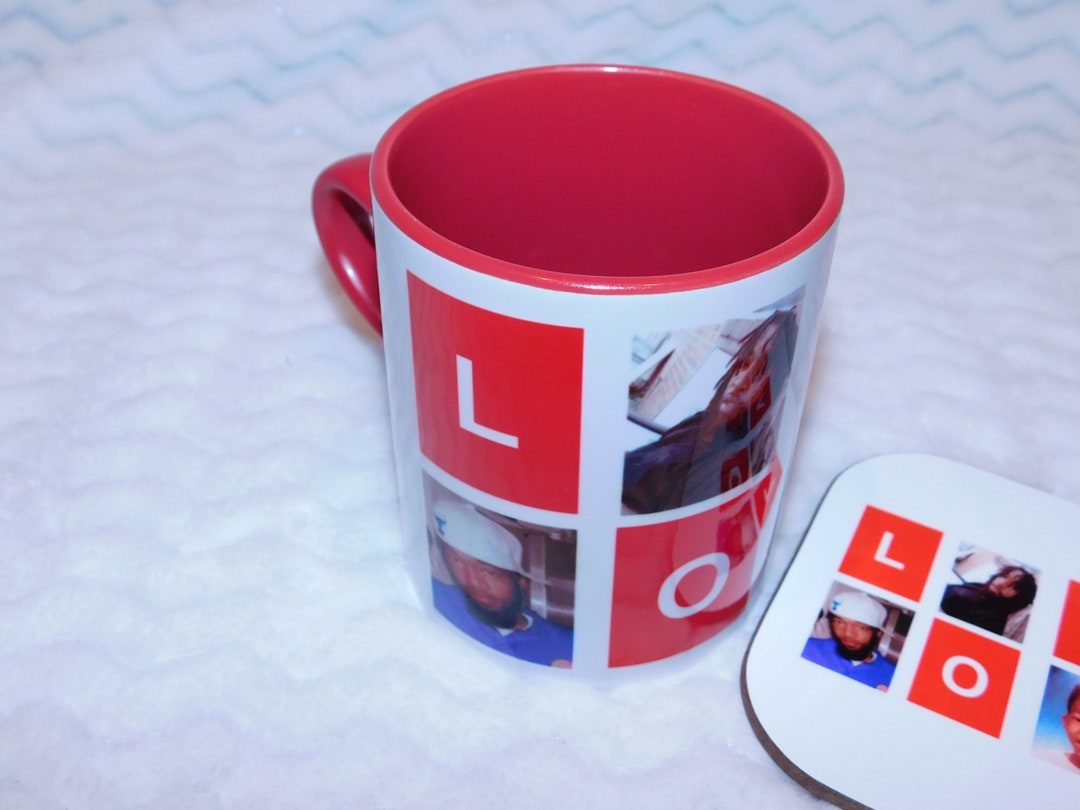 Personalized Love Picture Mug and Coaster Set, Heart Shaped Handle ...