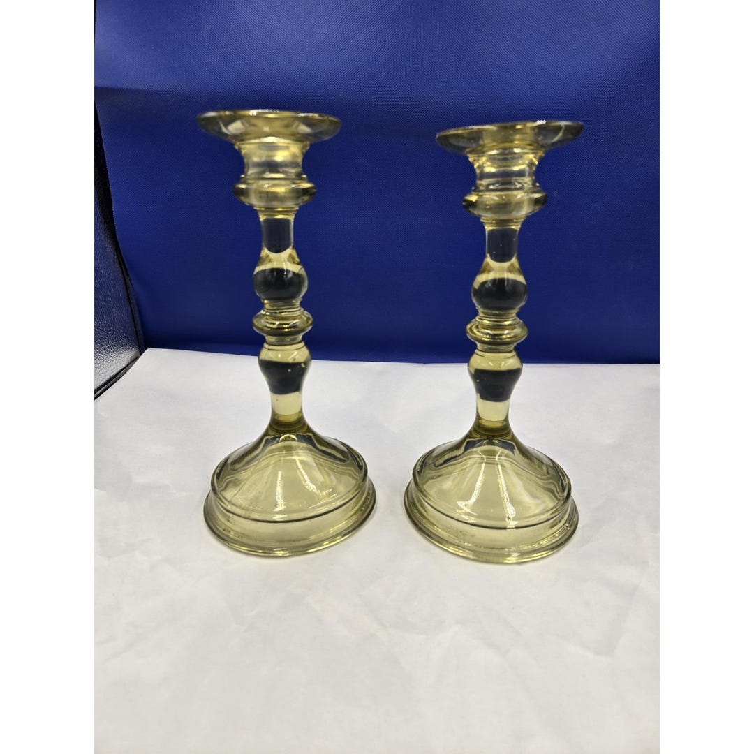Pair Antique Vaseline Glass Candlesticks 9" Uranium Yellow Green Glows ...