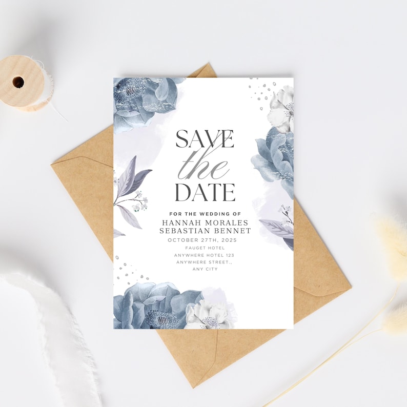 Blue Floral Wedding Invitation | Elegant Wedding Invite Template ...