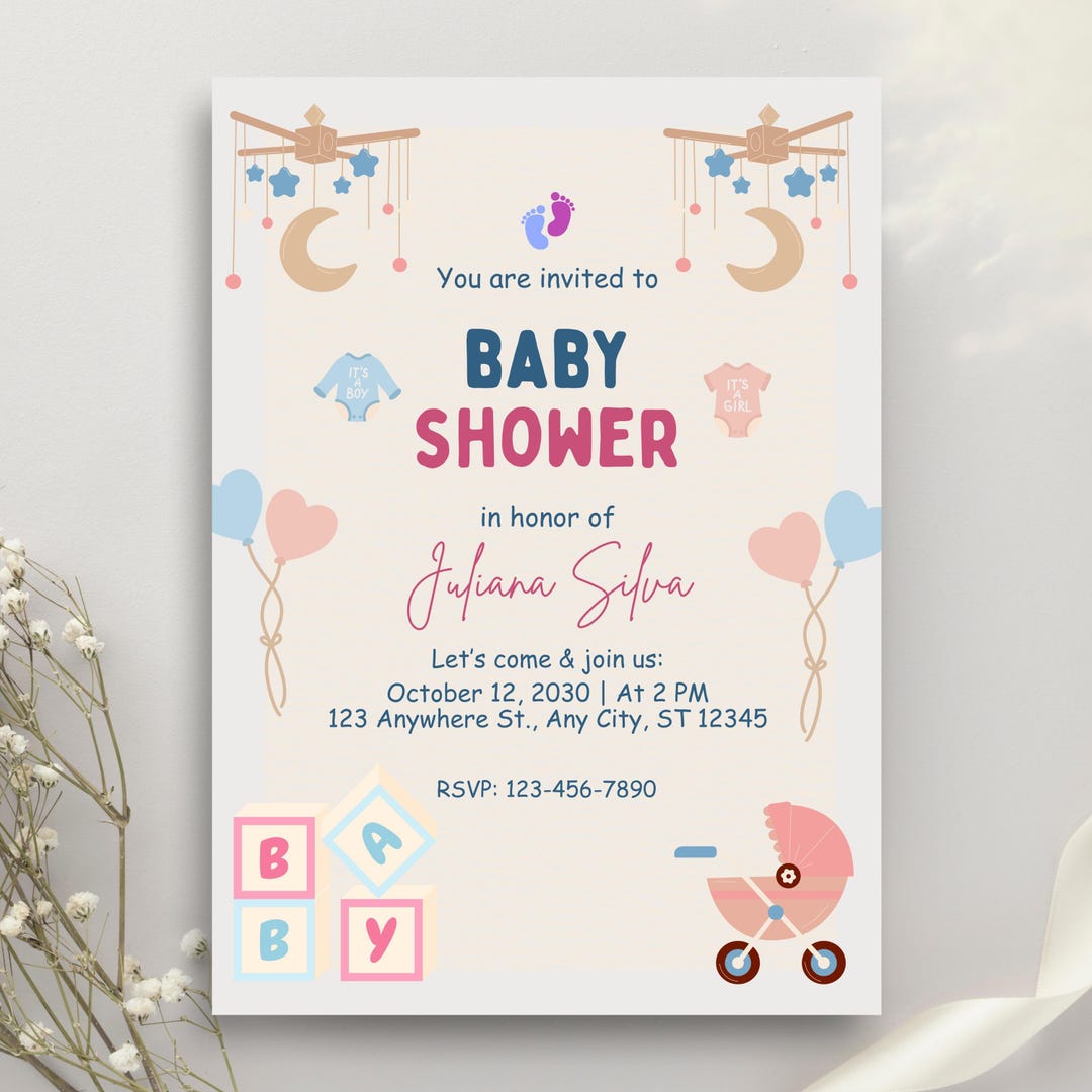 Editable Cute Pink Baby Shower Invitation | Baby Girl Shower | Boho ...