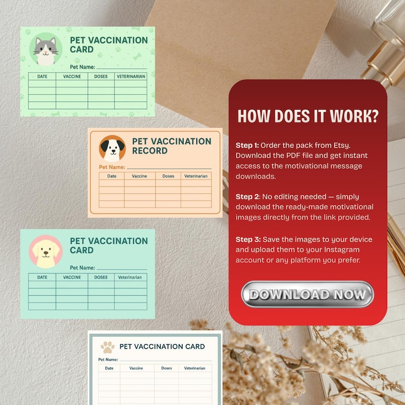 Pet Vaccination Card Record PDF PNG | Printable Dog + Cat Immunization ...