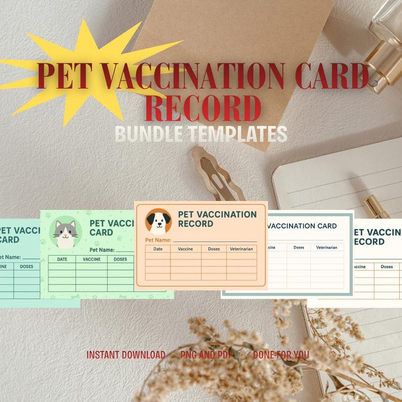 Pet Vaccination Card Record PDF PNG | Printable Dog + Cat Immunization ...