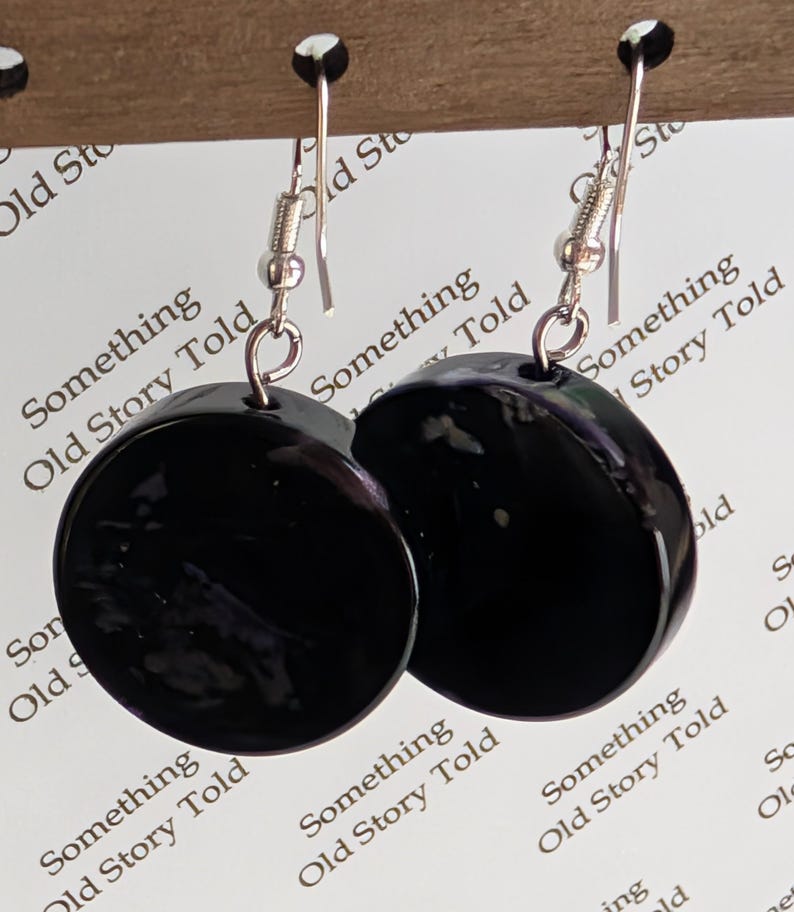 Handmade Abstract Black Disc Drop Earrings, Purple and White Swirl ...