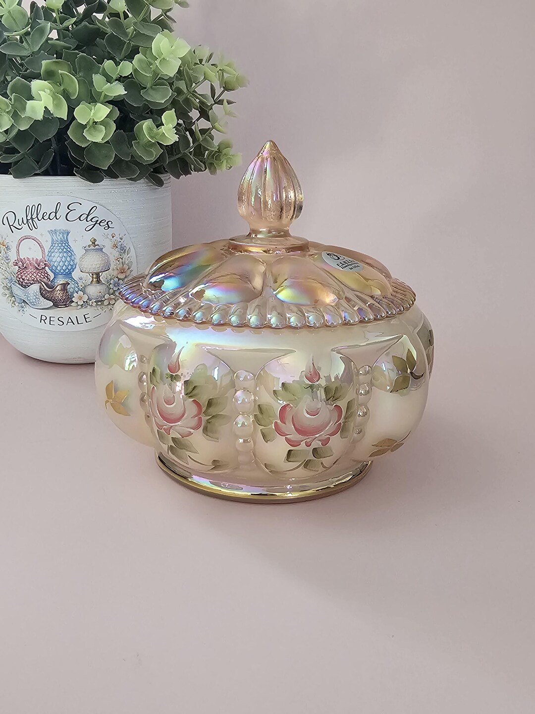 Vintage Fenton Sunset Overlay Covered Box, Hand-painted Floral Decor ...