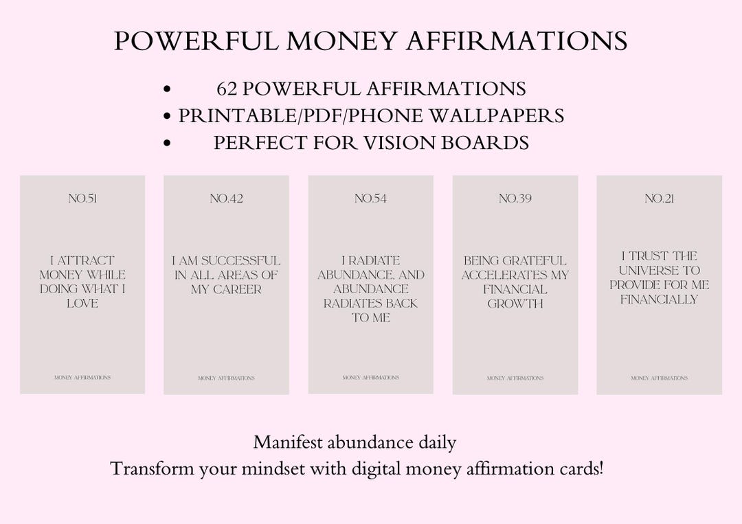 62 Money Affirmation Cards | Printable Vision Board Deck (PDF) - Etsy