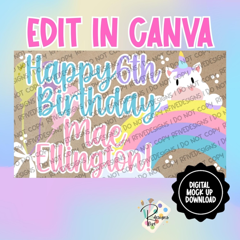 Rainbow Unicorn Birthday Banner Template | Digital Download | Editable ...