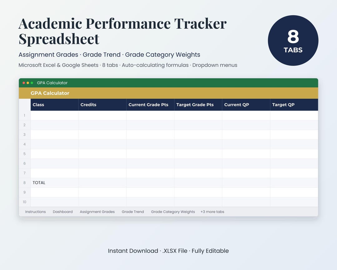 Academic Performance Tracker Spreadsheet, Student Grade Monitor ...