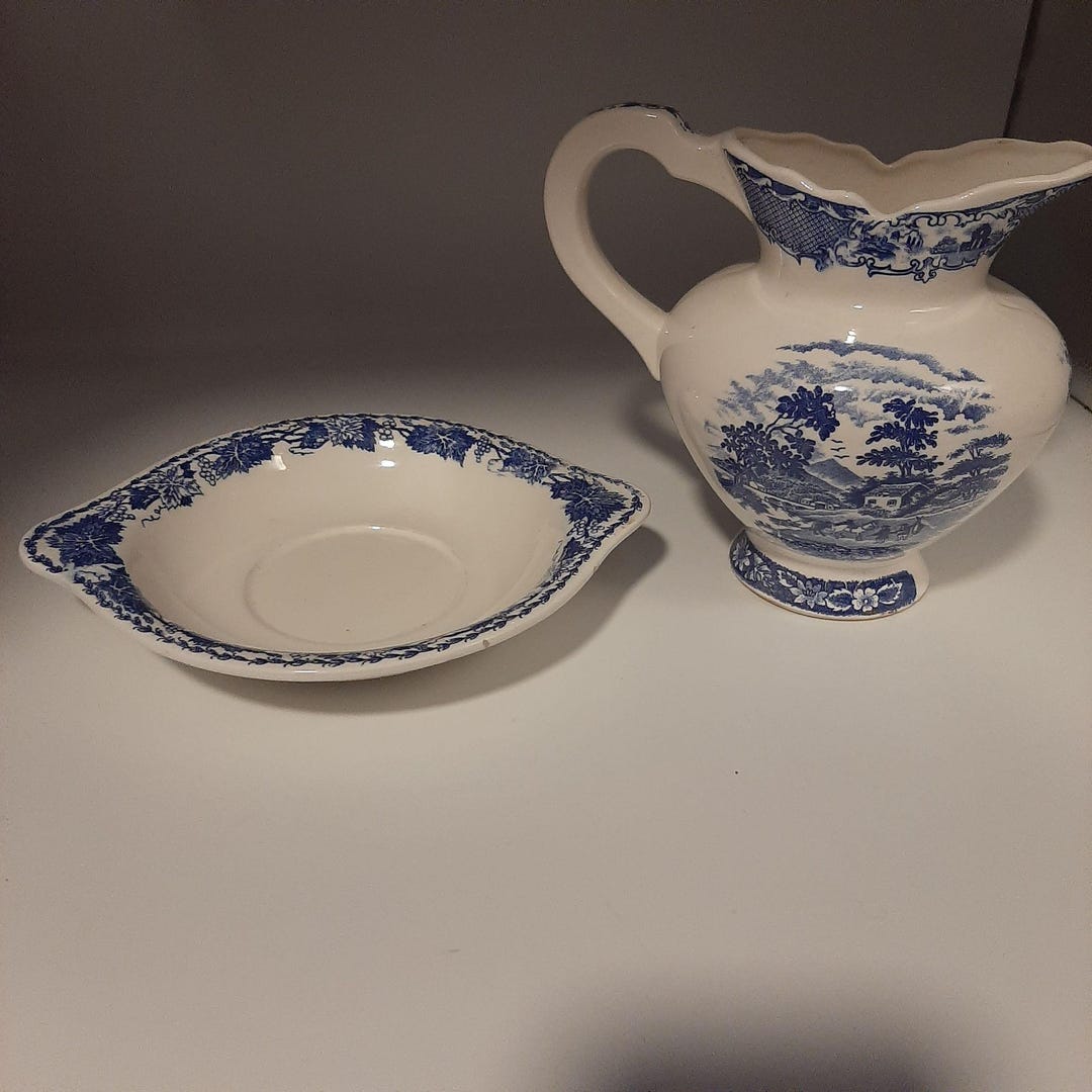 Vintage Delft Transferware Blue White Pitcher Basin Bowl Set Farm Scene ...