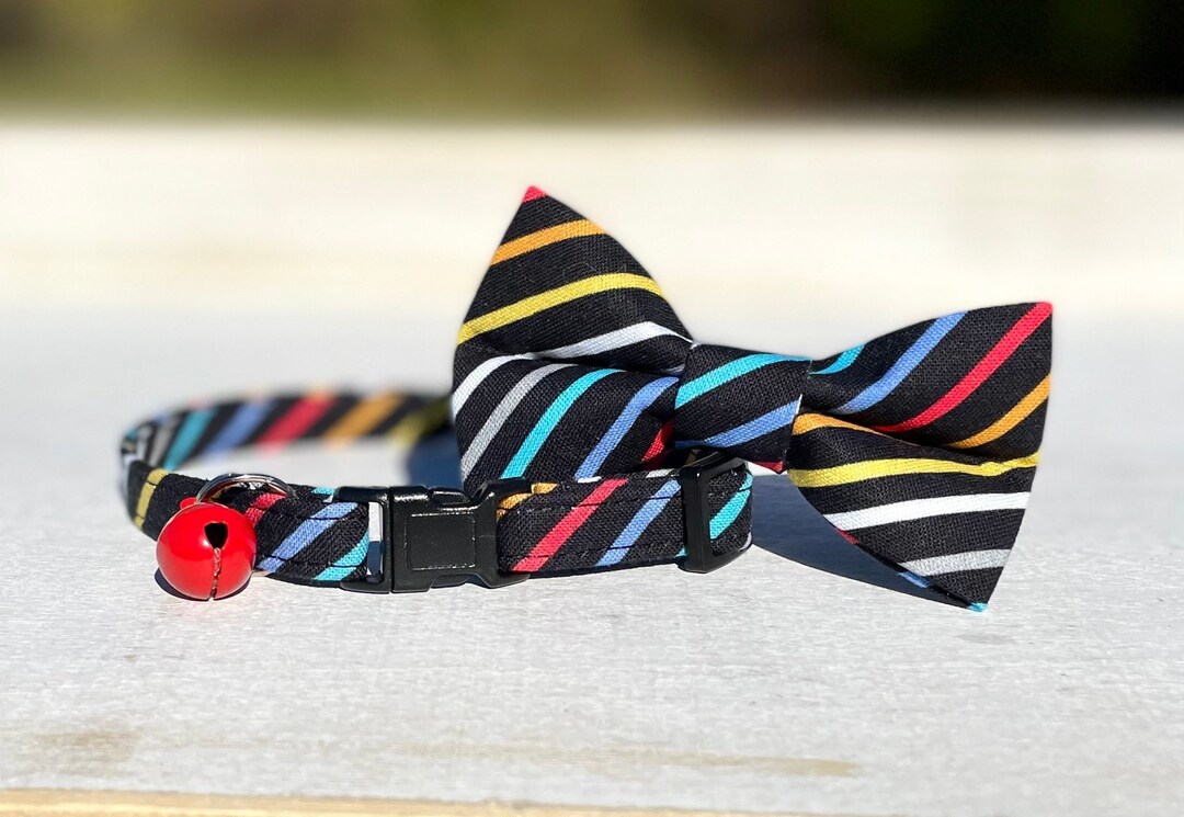 Christmas Bow Tie Cat Collar, rainbow Stripe Black Red Yellow Blue ...