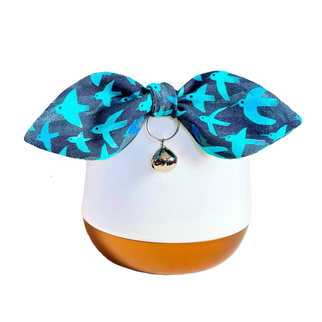 Cat Collar With Pointy Bow, Breakaway Kitten Collar, Teal Birds on ...