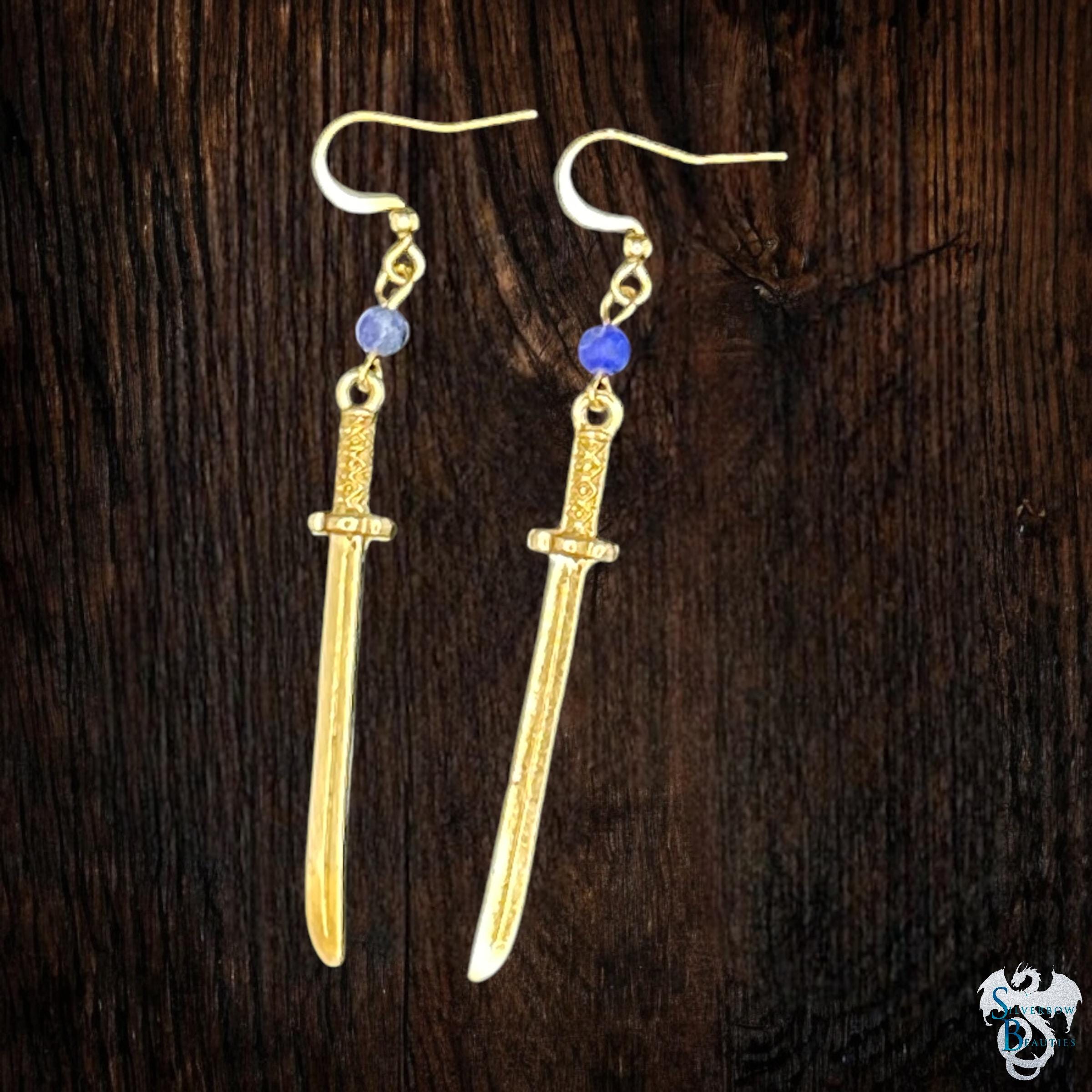 Lapis Lazuli & Samurai Katana Sword Earrings Hypoallergenic 18k Gold ...