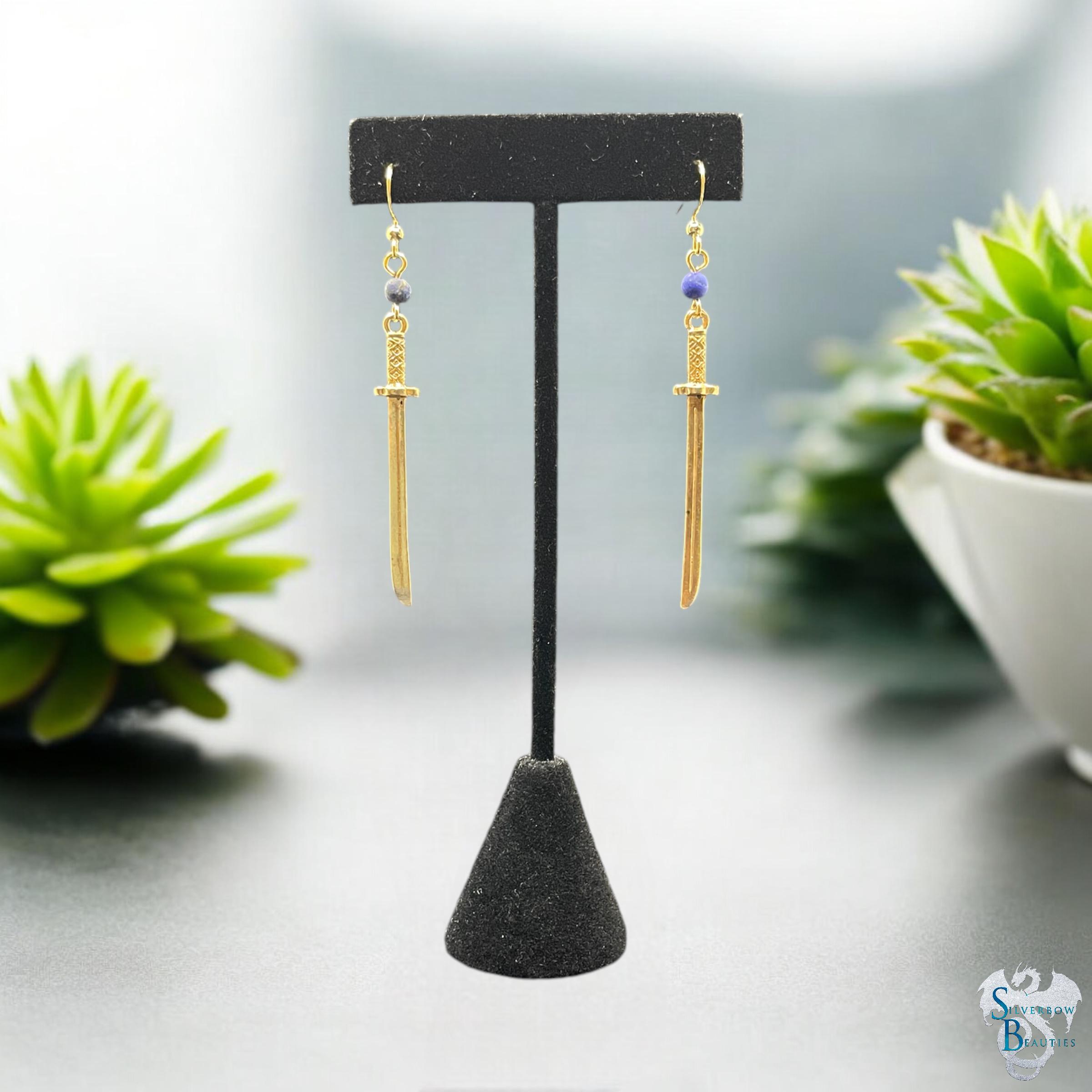Lapis Lazuli & Samurai Katana Sword Earrings Hypoallergenic 18k Gold ...