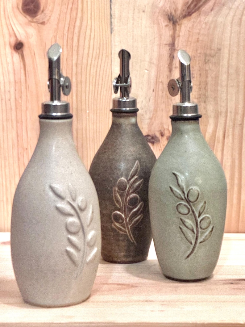 Handmade Stoneware Olive Oil Cruet, Embossed Olive Branch Kitchen Decor ...