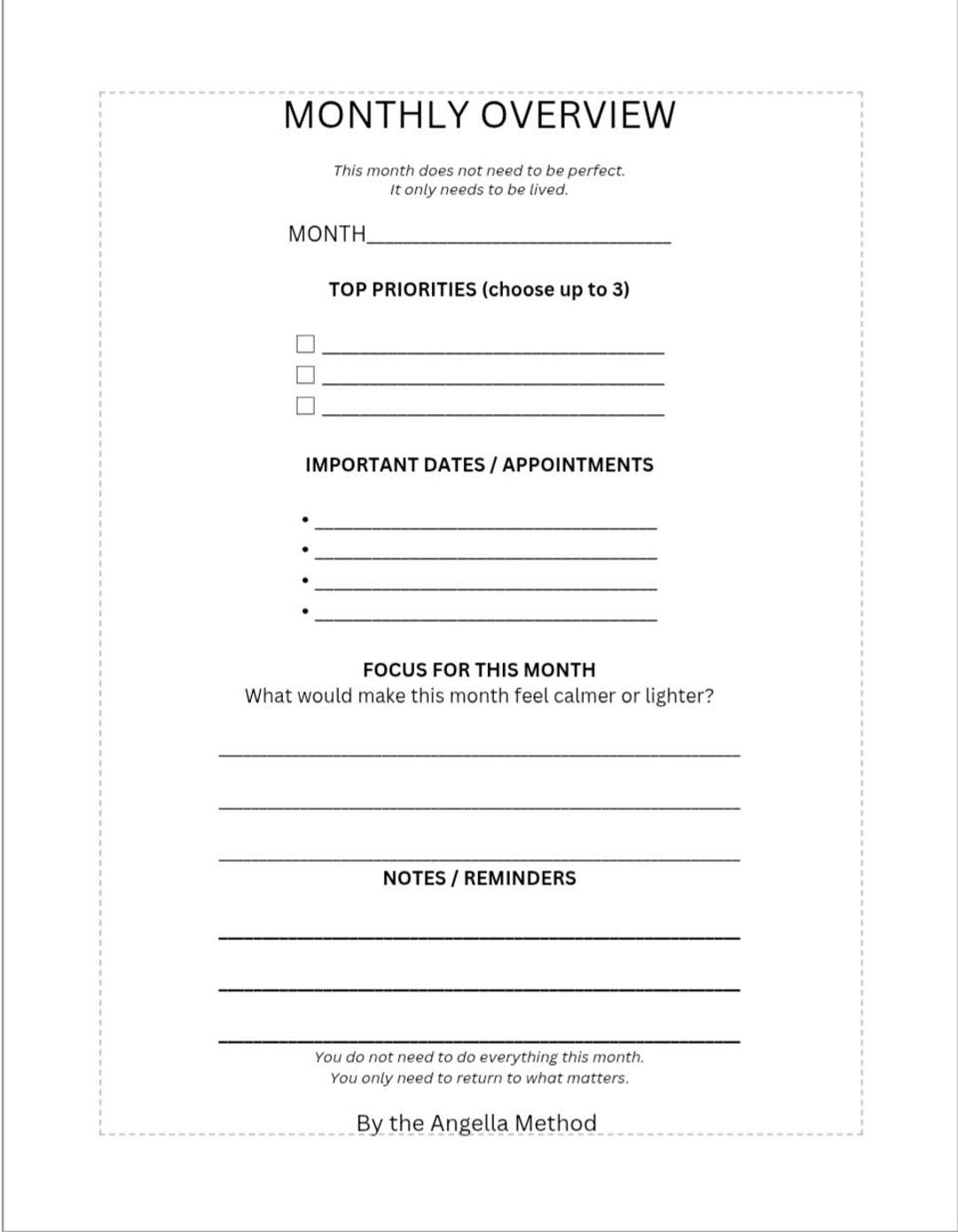 Minimal Monthly Overview Printable | Undated Planner Page (US Letter ...