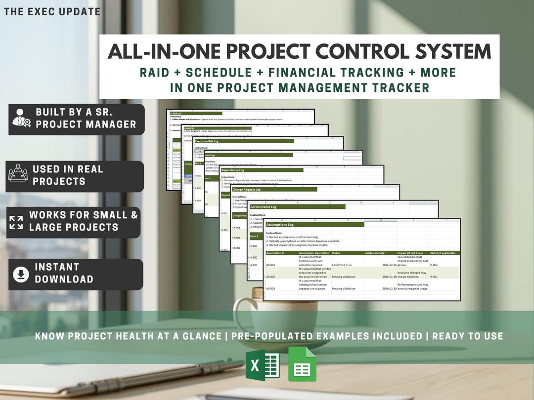 Project Management Excel Tracker | RAID Log Template | Project Control ...