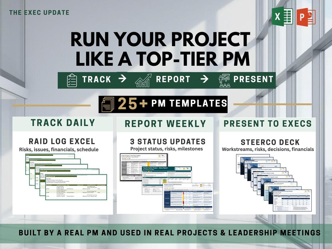 Project Manager Reporting Bundle | RAID Log Excel, Executive Status ...