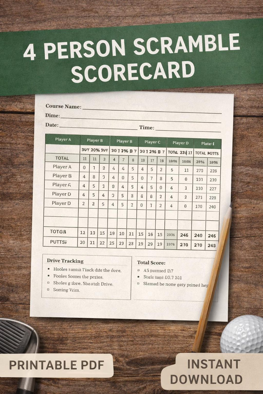 4 Person Scramble Scorecard Printable PDF | Golf Tournament Score Sheet ...