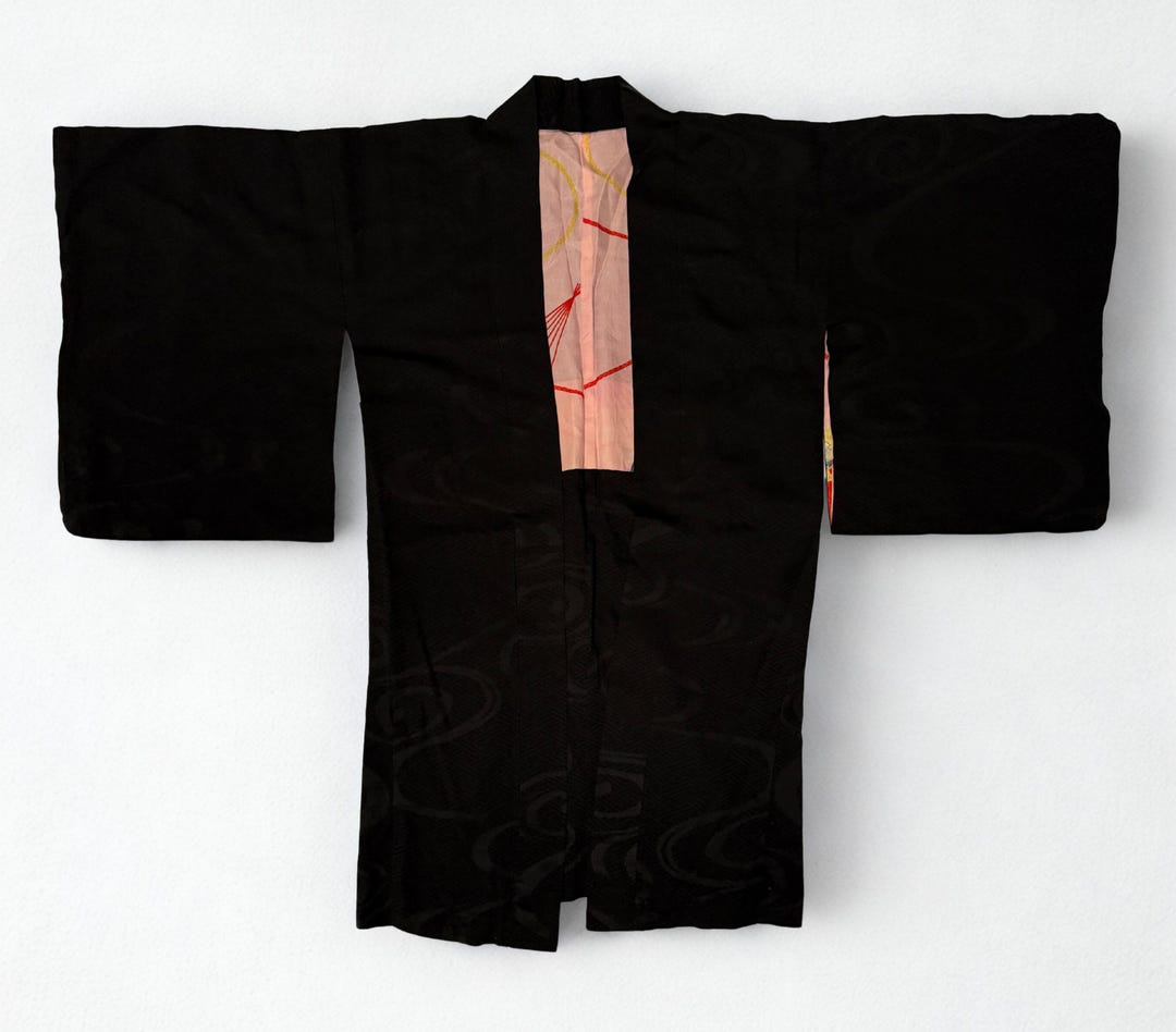 Vintage Japanese Haori Jacket - Black Silk Damask With Temari Ball ...