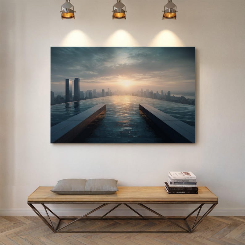 Infinity Pool Cityscape Large Poster - Modern Urban Rooftop View Wall ...