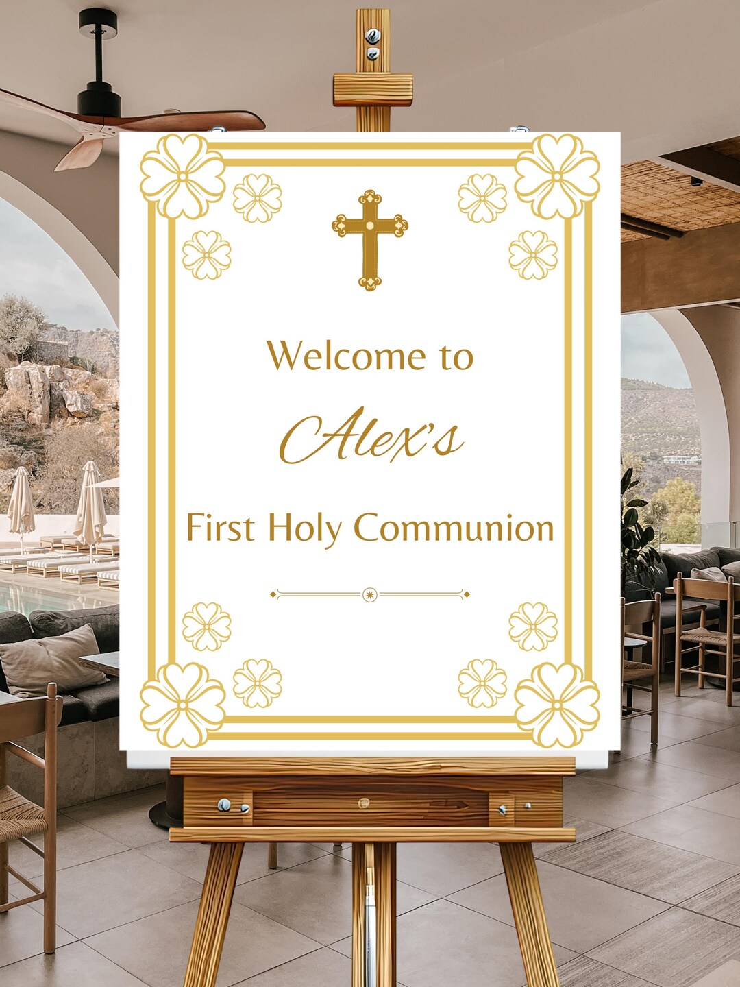First Holy Communion Welcome Sign | Gold Floral, Editable Canva ...
