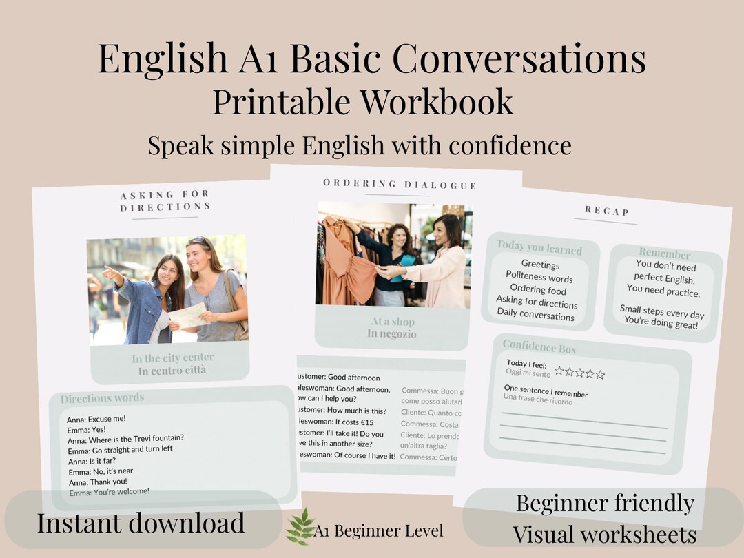 English A1 Basic Conversations Printable, Beginner English Workbook ...
