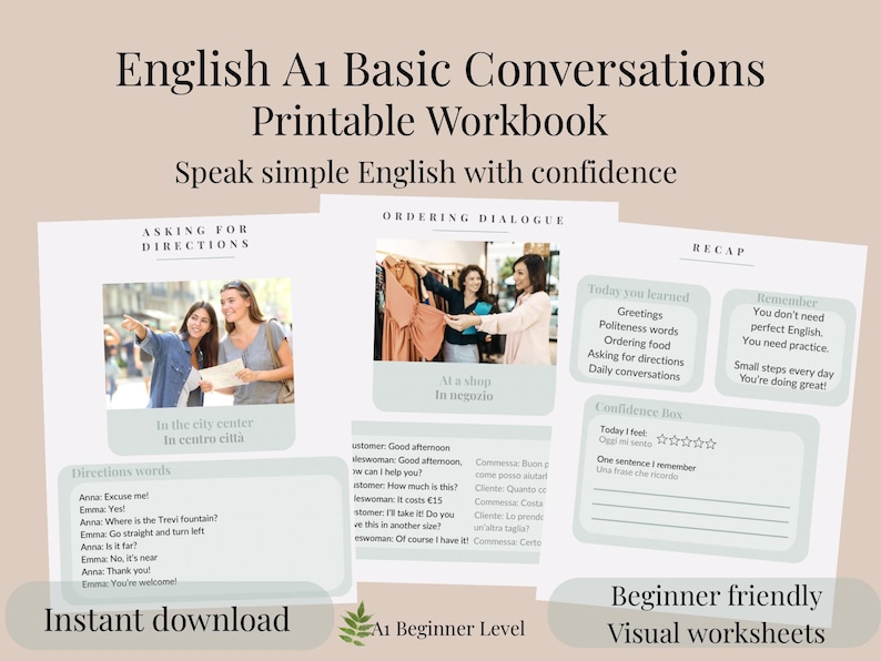 English A1 Basic Conversations Printable, Beginner English Workbook ...