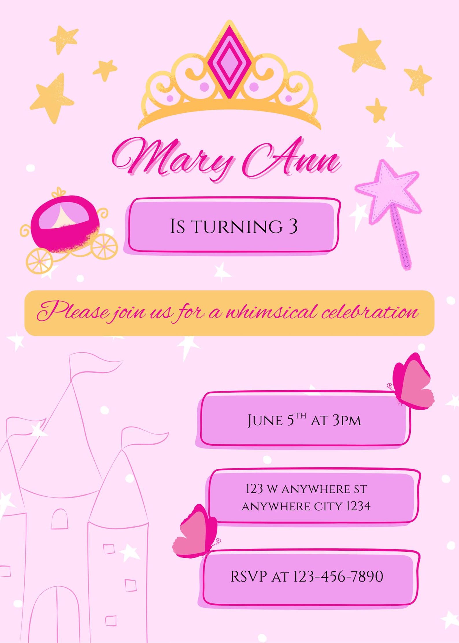Princess Birthday Invitation Template | Pink Princess Party Invite ...