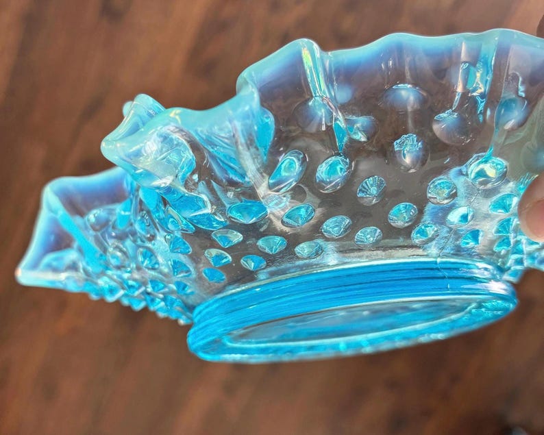 Vintage Fenton Blue Opalescent Hobnail Glass Candy Dish | 1950s Ruffled ...