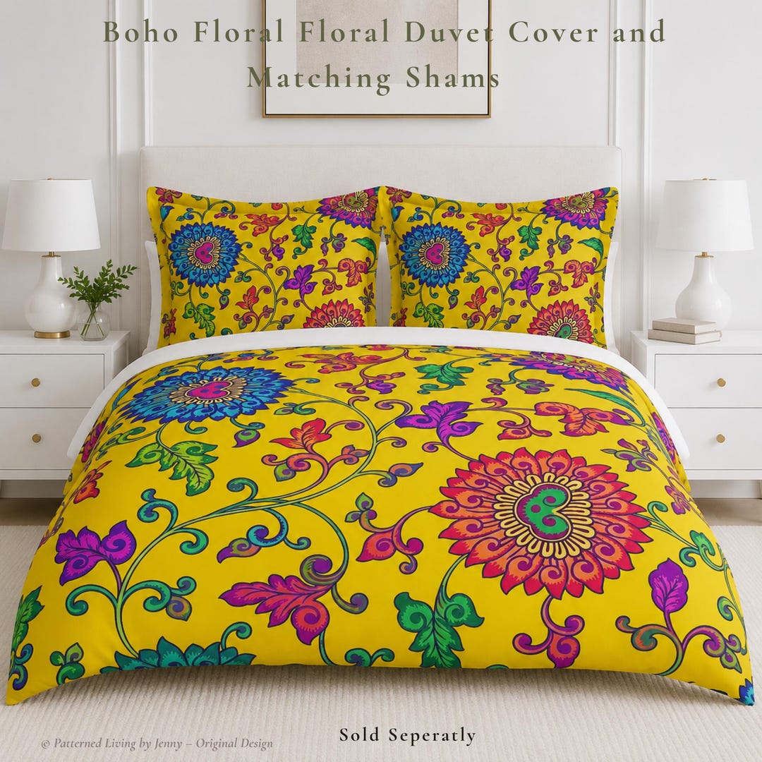 Boho Floral Duvet Cover, Maximalist Botanical Bedding, Eclectic Bedroom ...