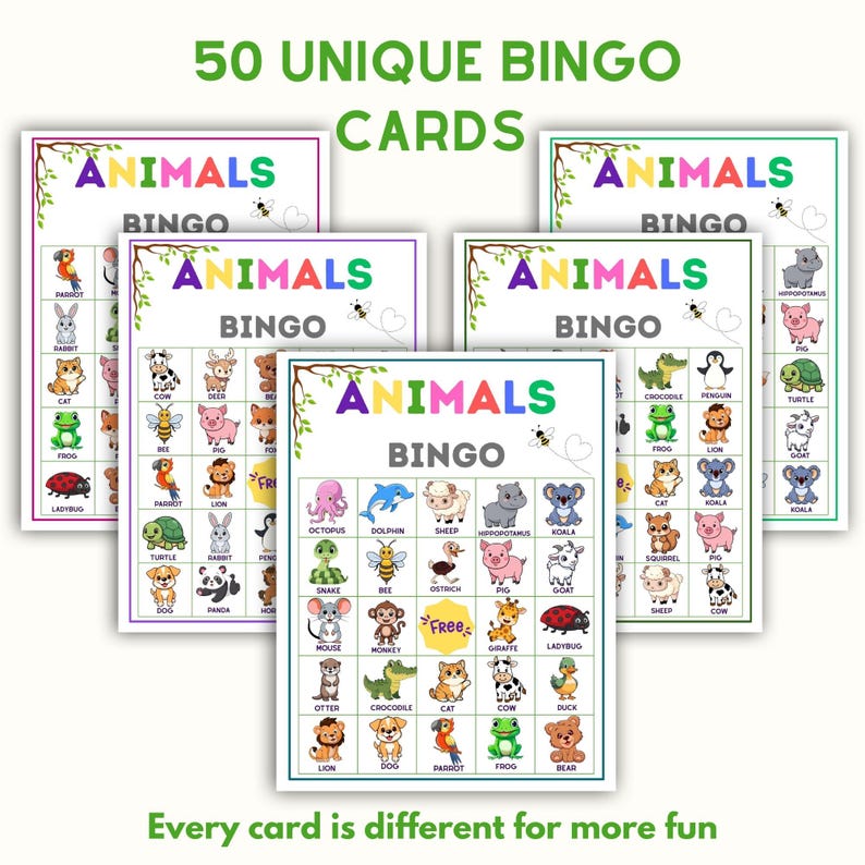 Animal Bingo Game Printable, 50 Unique Cards, Kids Classroom Activity ...