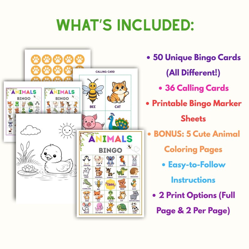 Animal Bingo Game Printable, 50 Unique Cards, Kids Classroom Activity ...