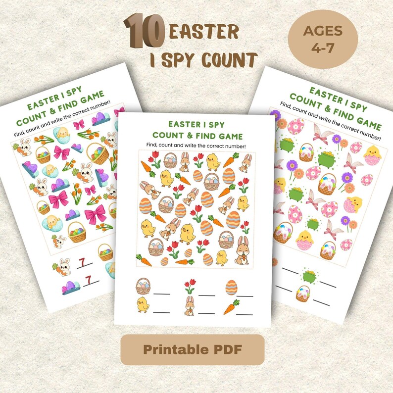 Easter I Spy Printable for Kids Ages 4-7, 10 Page Spring Counting ...