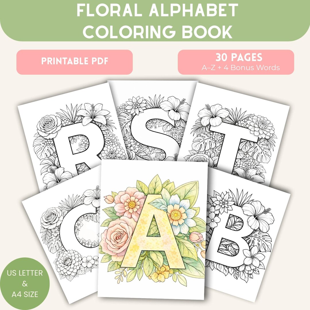 Floral Alphabet Coloring Book Printable PDF, 30 Pages A–Z + Bonus Words ...