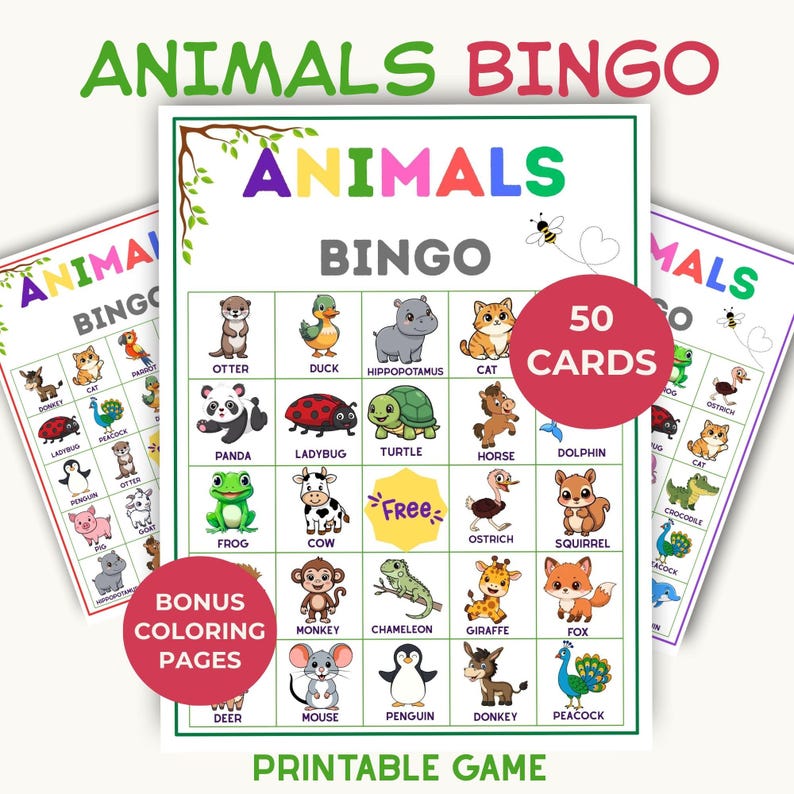 Animal Bingo Game Printable, 50 Unique Cards, Kids Classroom Activity ...