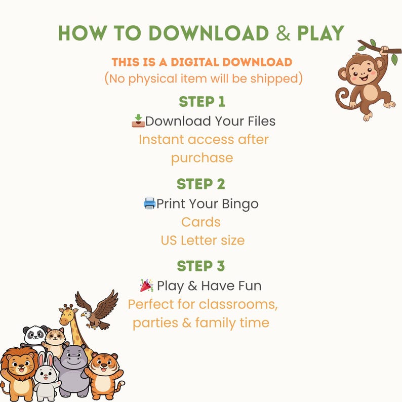 Animal Bingo Game Printable, 50 Unique Cards, Kids Classroom Activity ...