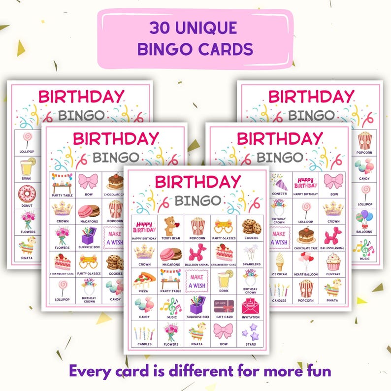 Birthday Bingo Game Printable for Kids - 30 Cards, 36 Calling Cards ...