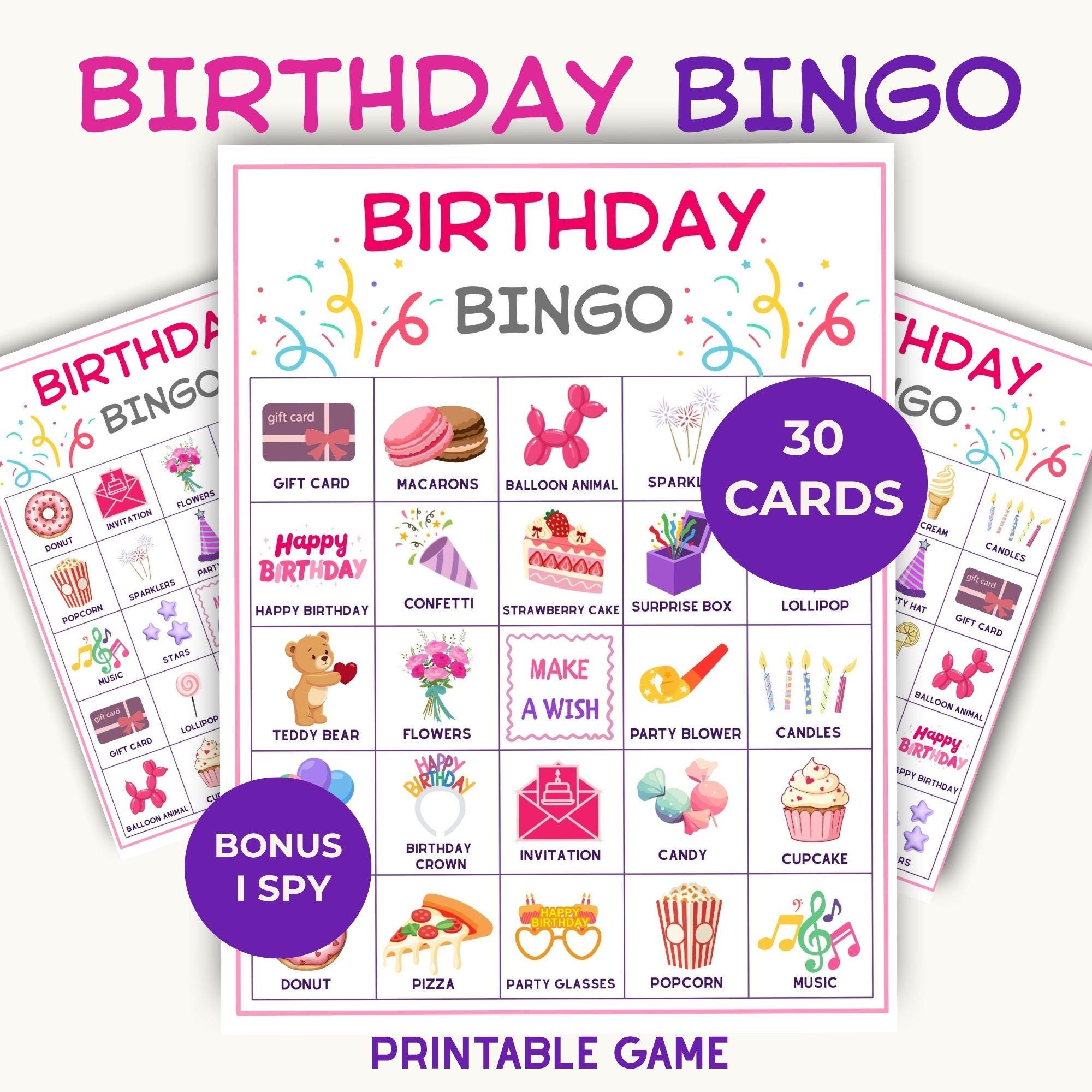 Birthday Bingo Game Printable for Kids - 30 Cards, 36 Calling Cards ...