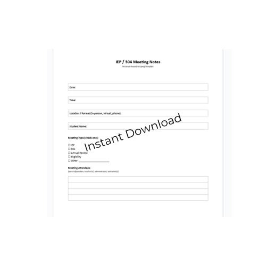 IEP Meeting Notes Printable | 504 Plan Meeting Template | Parent ...