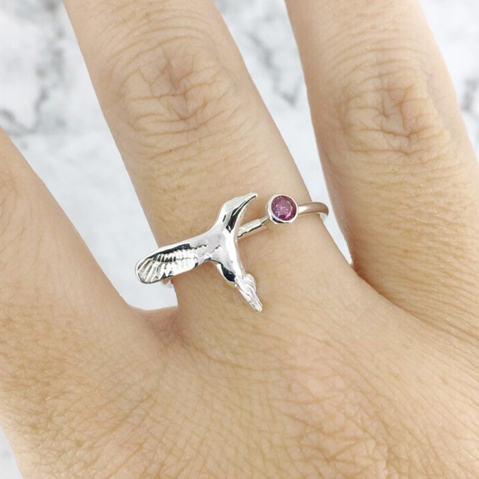 January Birthstone Ring Red Stone Ring Silver Hummingbird - Etsy