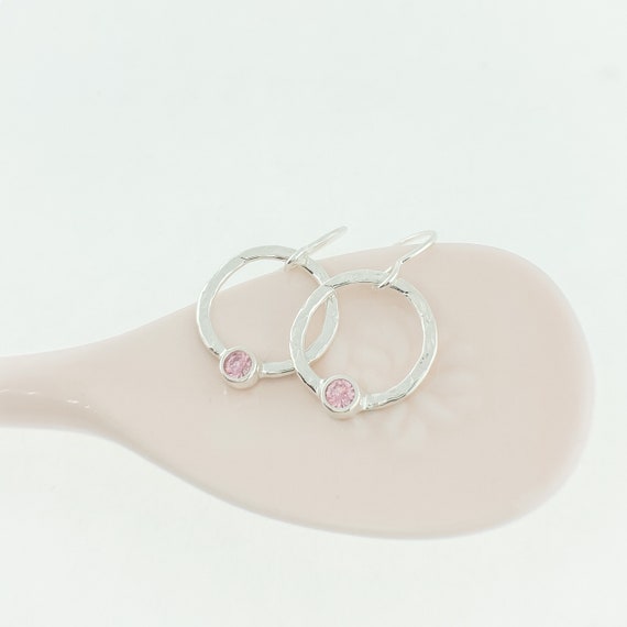 October Birthstone Earrings Pink Stone Sterling Silver Circle Earrings for Women Small Circle Earring Etsy