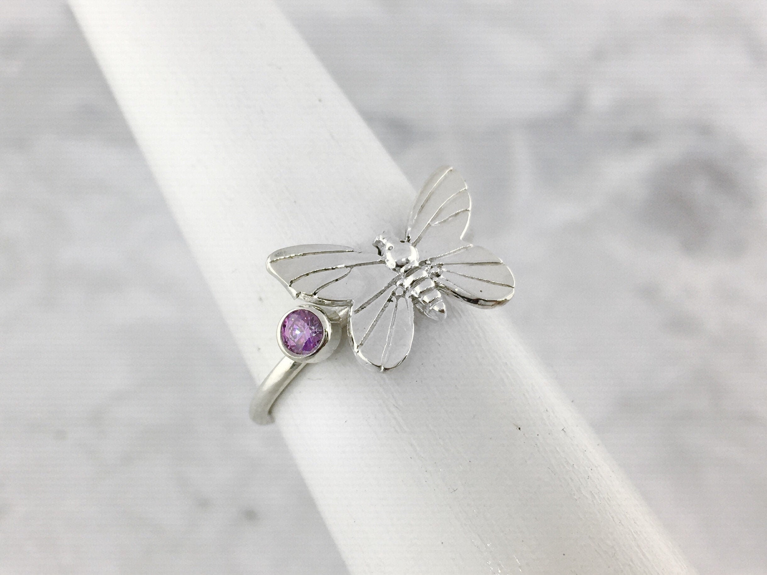Silver Butterfly Ring with February Birthstone Purple Stone | Etsy
