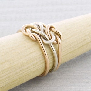 Two Tone Ring, Triple Knot Ring, Mixed Metal Love Knot Ring, Three ...