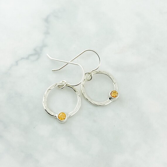 November Birthstone Circle Earrings Sterling Silver Yellow Birthstone Earrings for Her Small Drop Earring Etsy