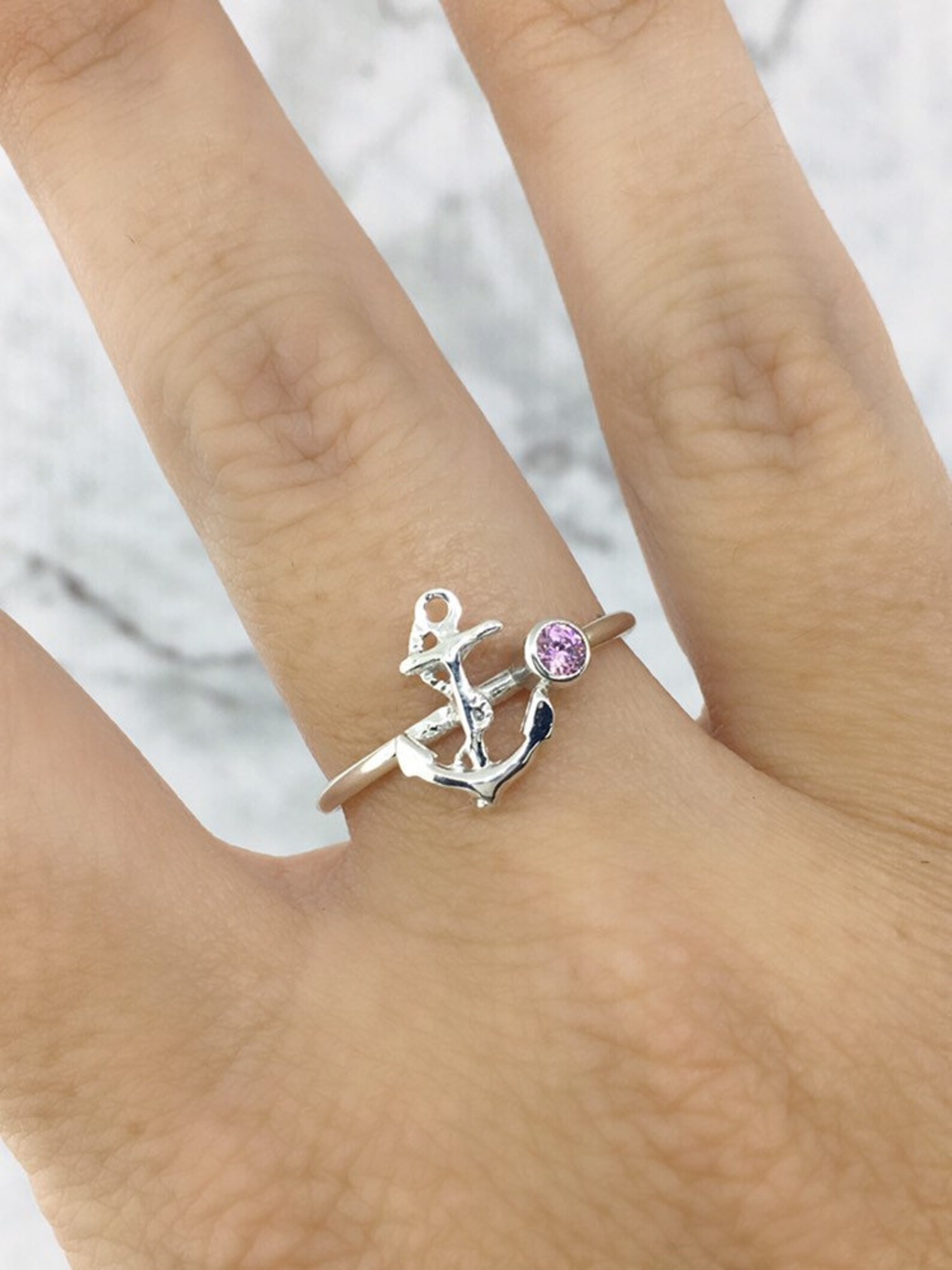 June Birthstone Ring for Women Silver Anchor Ring for Her | Etsy