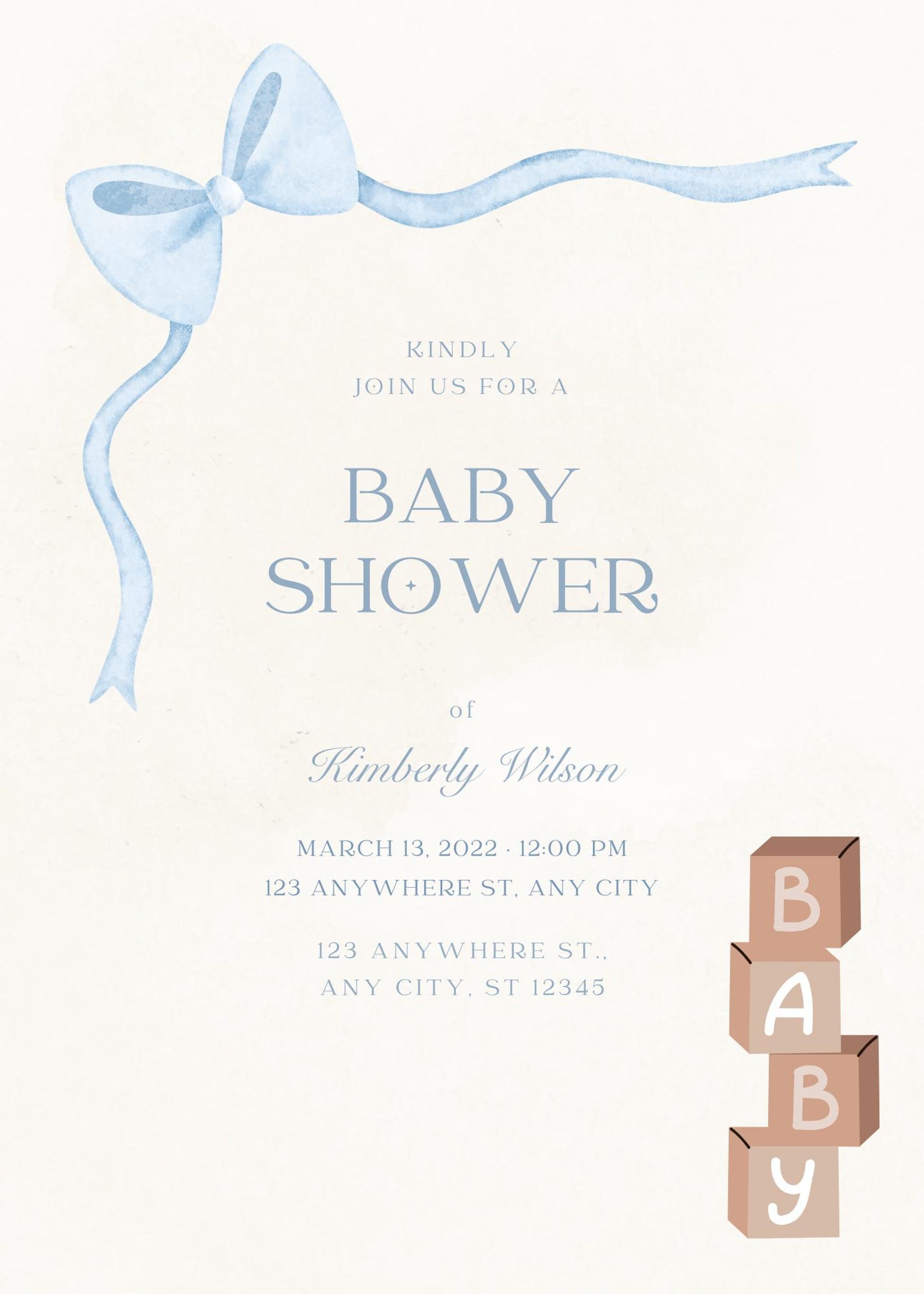 Blue Bow Baby Shower Invitation, Watercolor Blocks, Editable Boy Invite ...