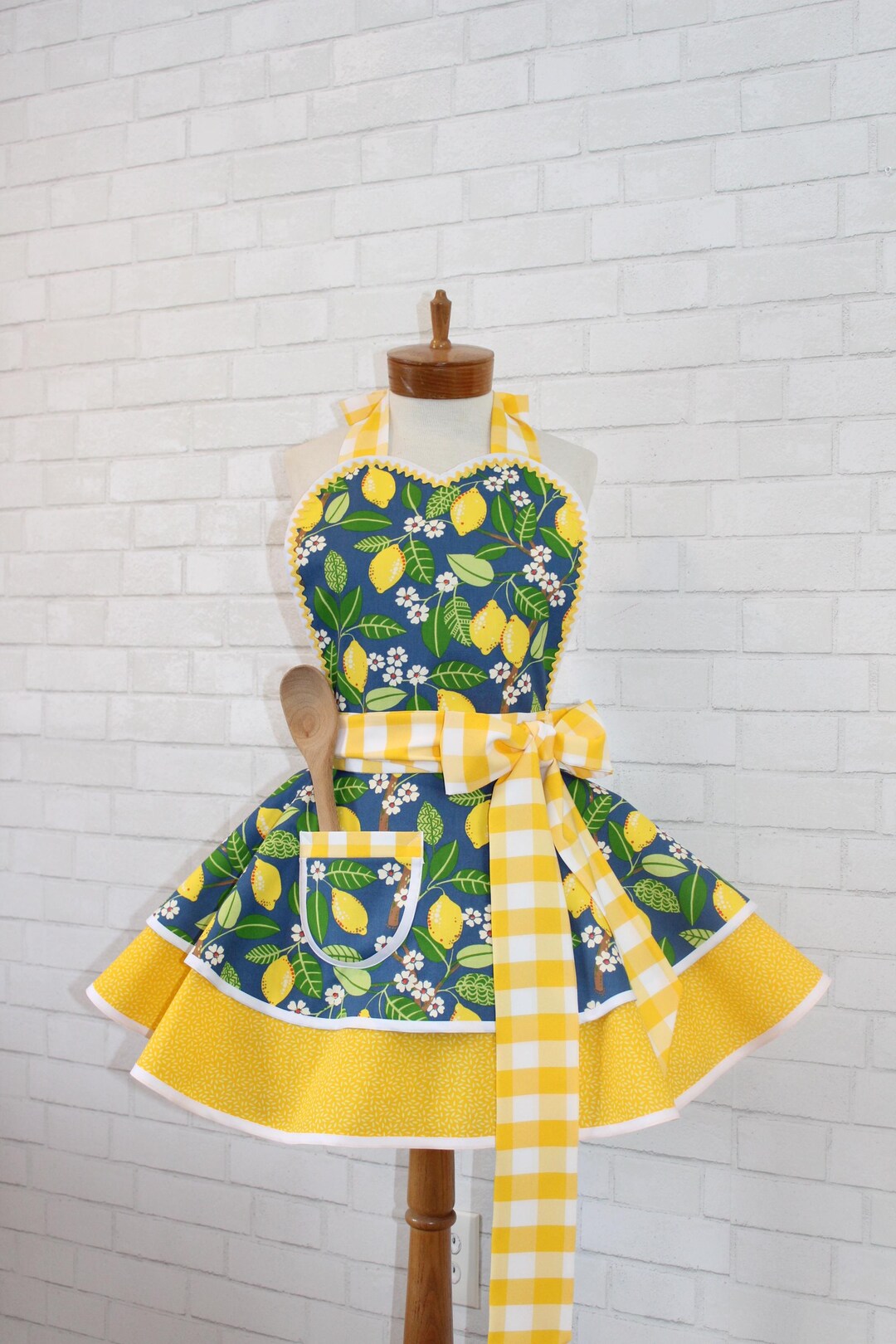 Lemon + Gingham Print Woman's Retro Apron - Etsy