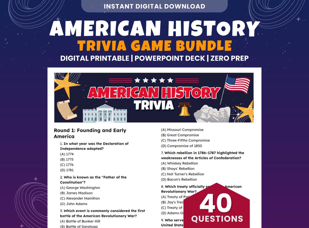 American History Trivia Game | 40 Questions, Powerpoint & Printable PDF ...
