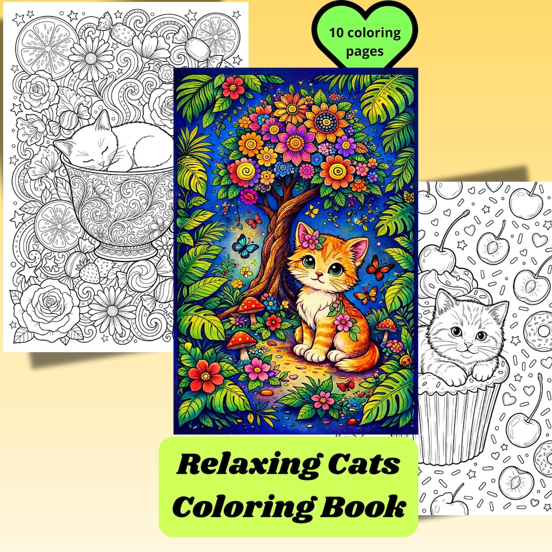 Fantasy Cat Coloring Book – Stress Relief Pages for Adults (digital ...