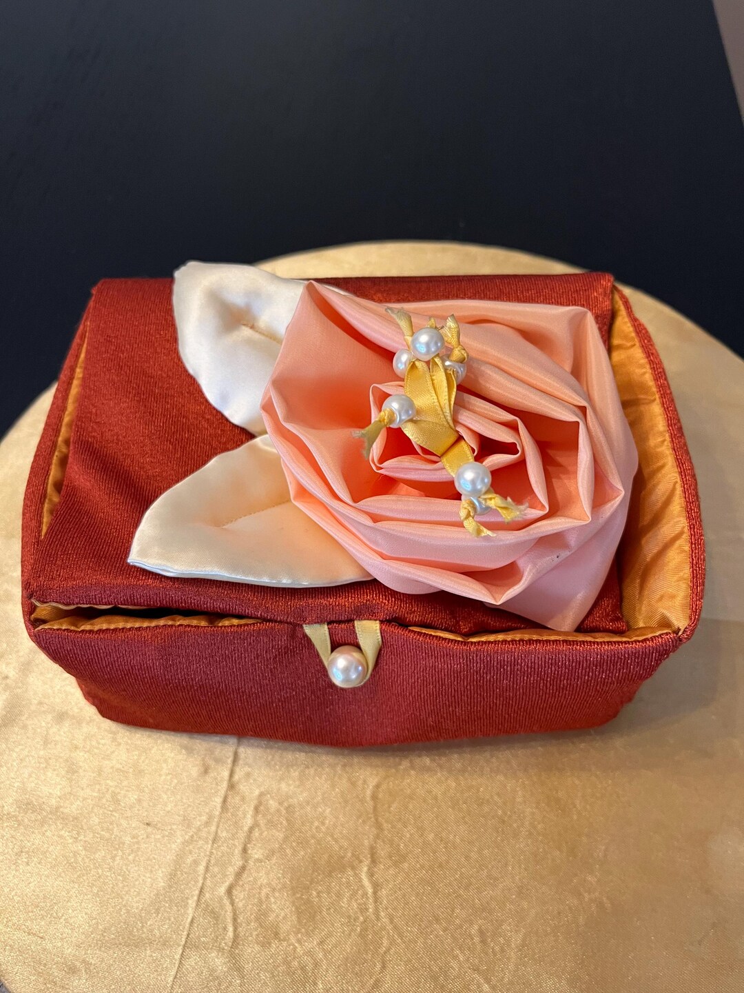 Vintage Satin Jewelry Box With Pink Rose - Etsy